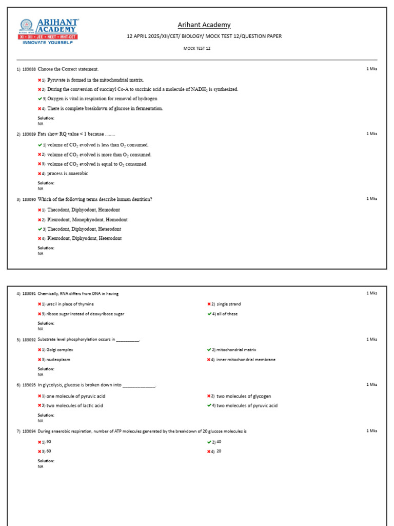 12 April 2025 - Xii - Cet - Biology - Mock Test 12 - Question Paper ...