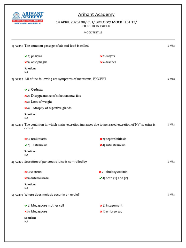 14 April 2025 - Xii - Cet - Biology - Mock Test 13 - Question Paper ...