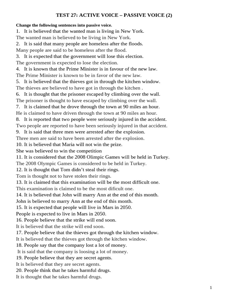 Test 27-Active Voice - Passive Voice | PDF