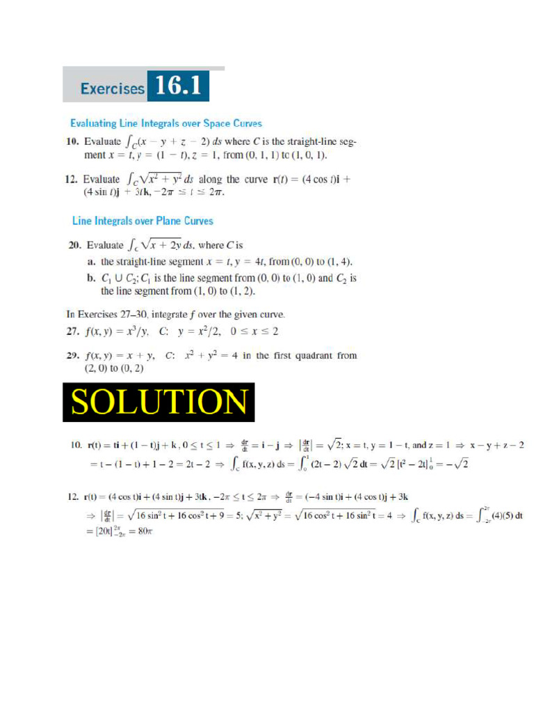 Exercise Sheet on 16.1 Line Integrals Solution | PDF