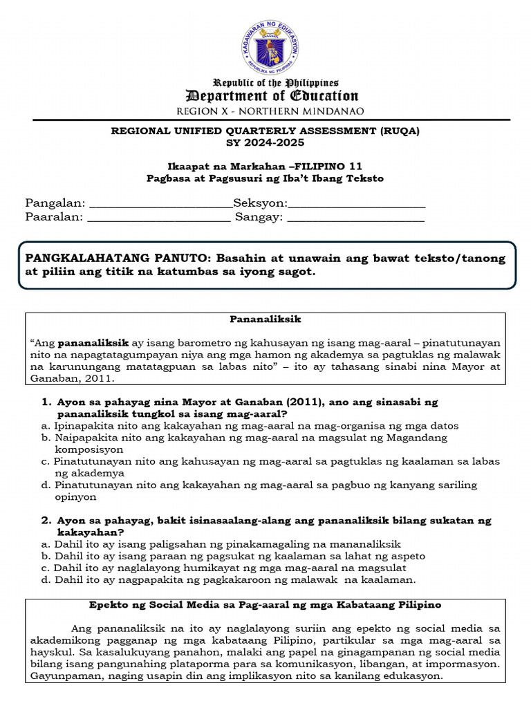 RUQA Filipino11 Q4 | PDF