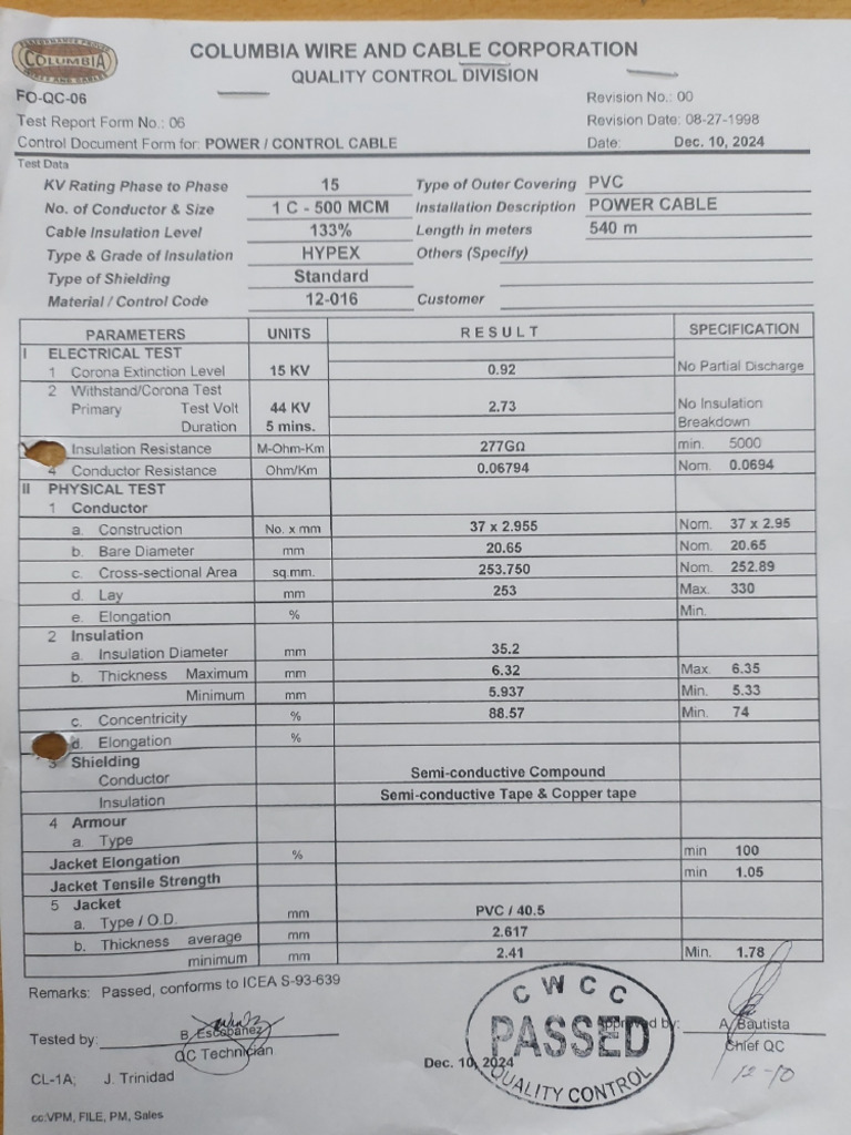 QC Test Report For XLPE 250mm2 15KV | PDF