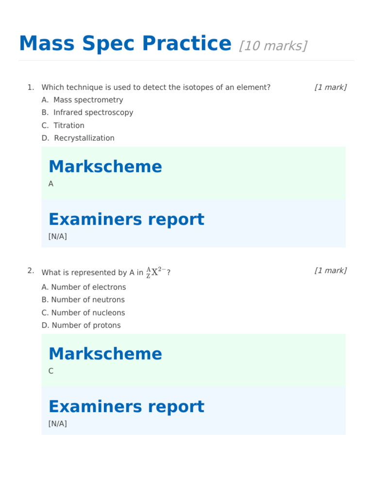 Mass Spectrometry Practice Questions | PDF | Isotope | Redox