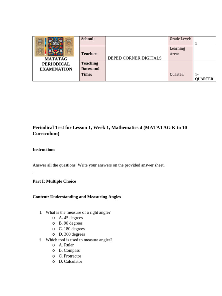 PT-WEEK 1-MATH-DEPED CORNER DIGITALS.docx | PDF | Angle | Elementary Geometry