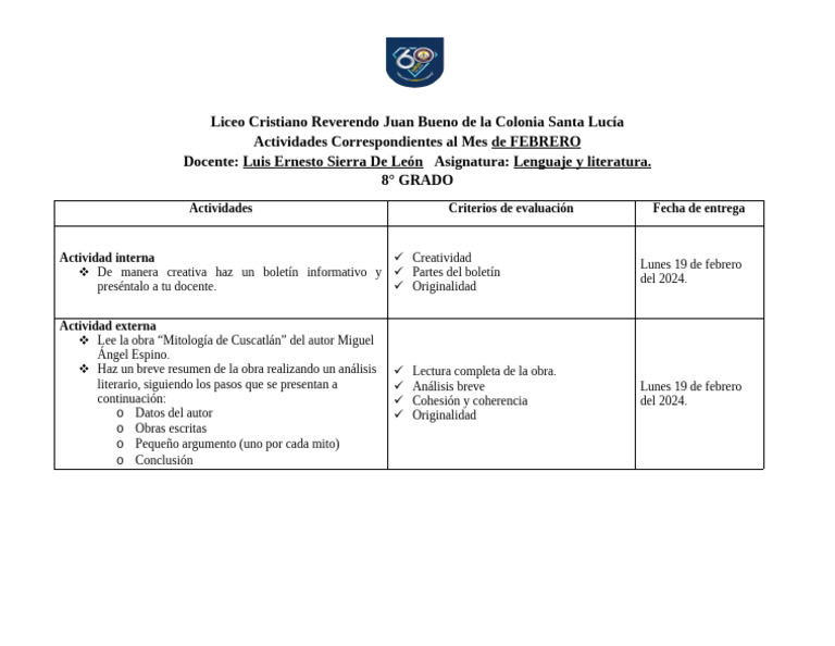 17077608218° Grado - TAREAS DE FEBRERO | PDF