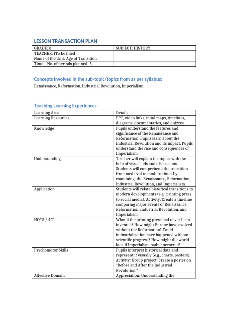 LESSON PLAN - Age of Transition - Grade 8 (Tabular) | PDF | Learning ...