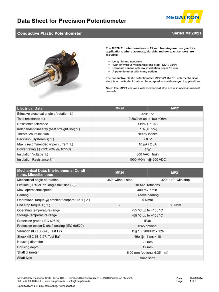Megatron MP20/21 Potentiometer Data Sheet | PDF | Mechanical ...