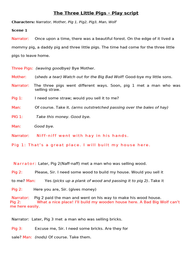 The Three Little Pigs Play Script | PDF | Hay
