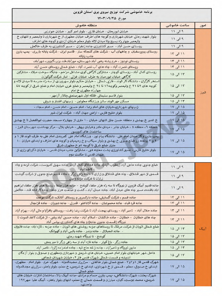 @Qiau - jozve.جدول خاموشی 25 آذرماه 1403 | PDF