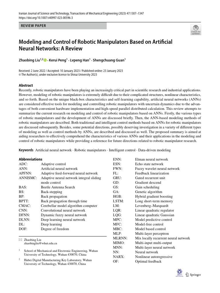 Modeling and Control of Robotic Manipulators Based on Artificial Neural Networks a Review | PDF ...