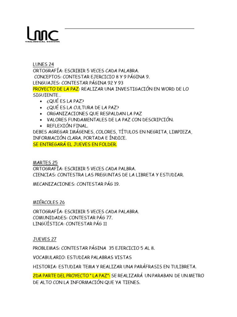 Hoja de Tareas 24 Al 27 de Febrero 5to | PDF