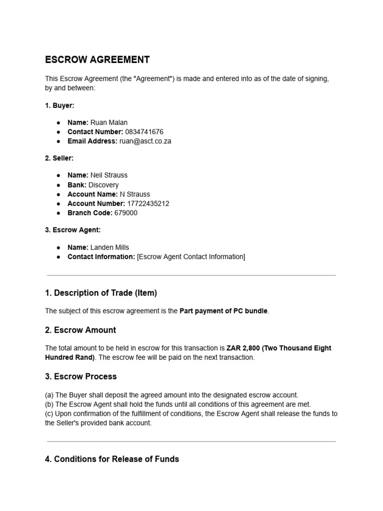 Escrow Agreement for PC Bundle Sale | PDF