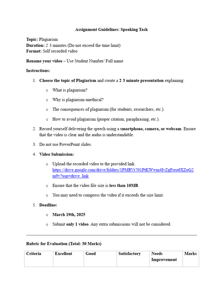Presentation Assignment Guidelines | PDF | Video | Plagiarism