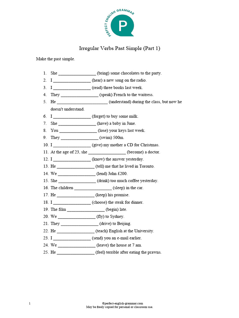 50 Irregular Verbs Past Simple Part 1 | PDF