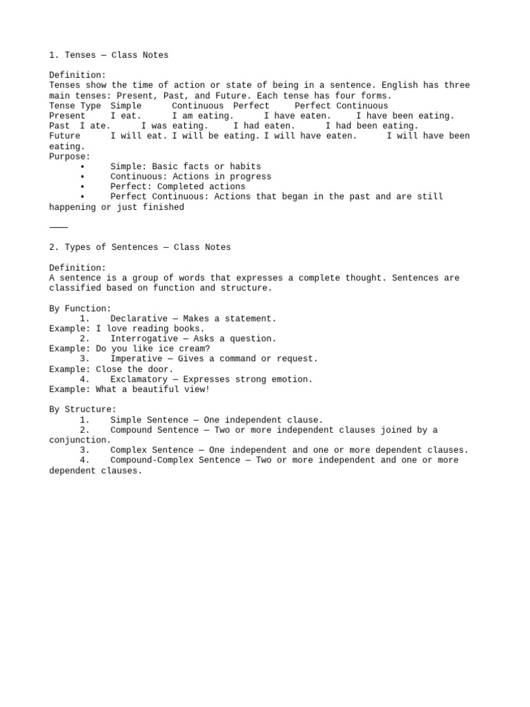 Tenses and Types of Sentences Notes | PDF