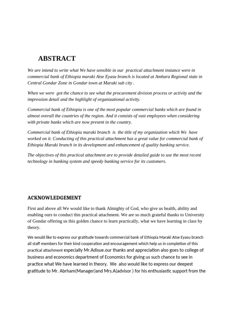 Practical Attachment at CBE Maraki Branch | PDF