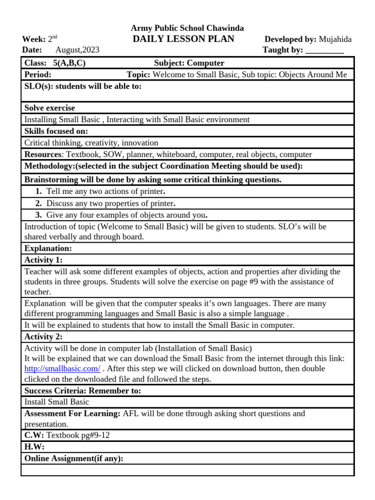 Small Basic Grade 5 Lesson Planning | PDF
