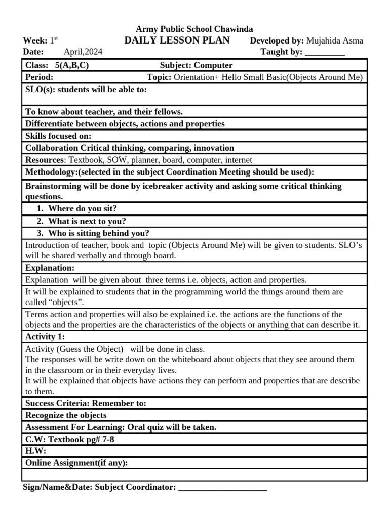 Small Basic Grade 5 Lesson Planning | PDF