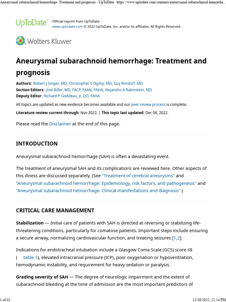 Aneurysmal Subarachnoid Hemorrhage | PDF | Medical Specialties | Clinical Medicine