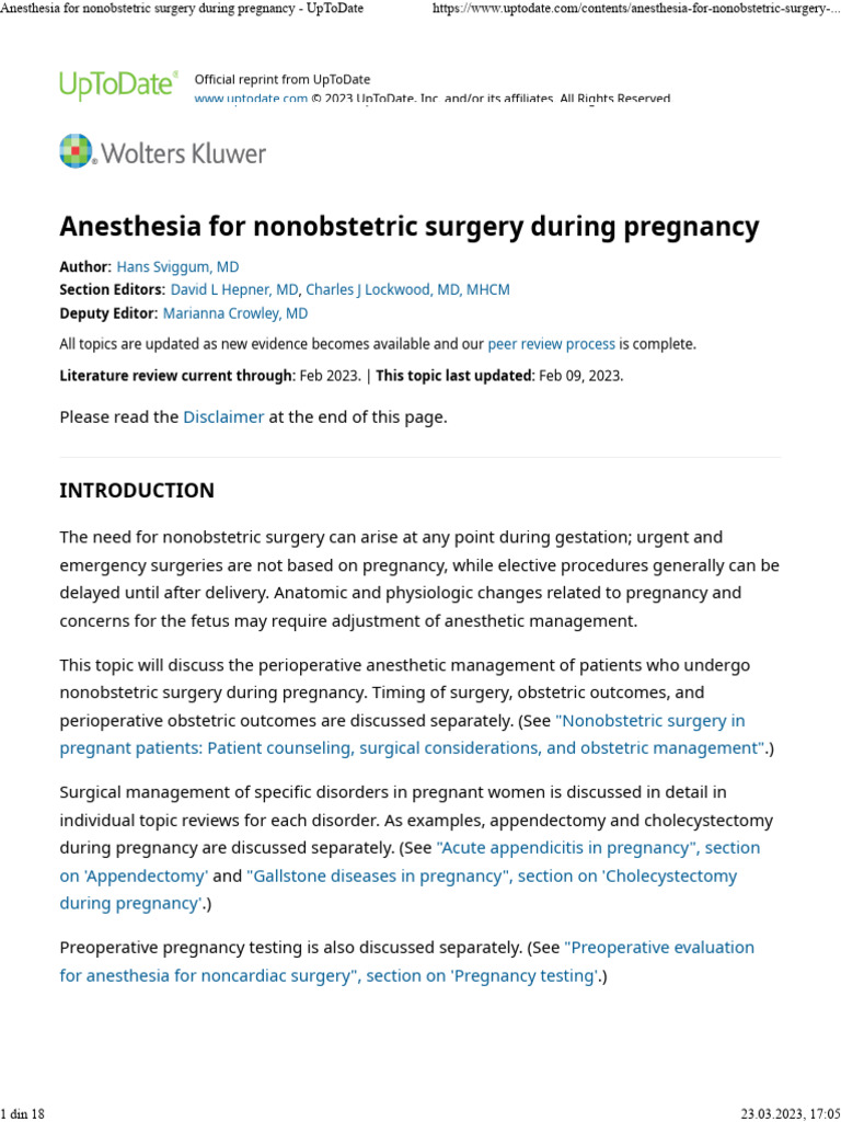 Anesthesia For Nonobstetric Surgery During Pregnancy | PDF | Anesthesia ...
