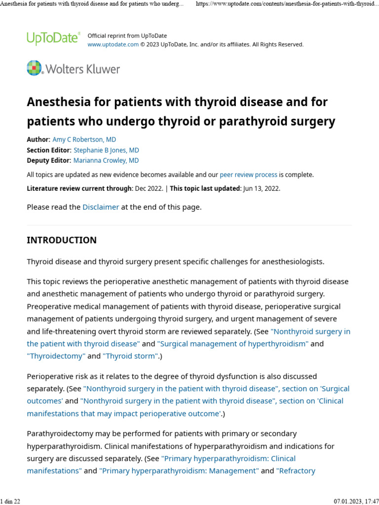 Anesthesia For Patients With Thyroid Disease and For Patients Who Undergo Thyroid or Parathyroid ...