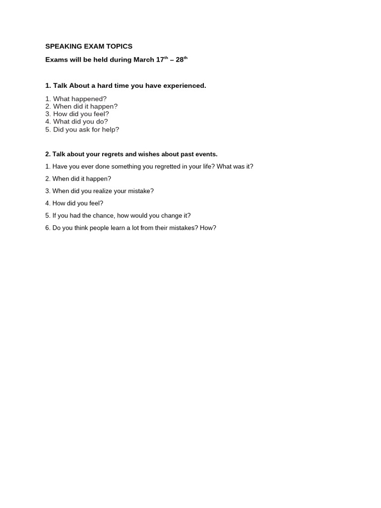 Speaking Exam Topics | PDF