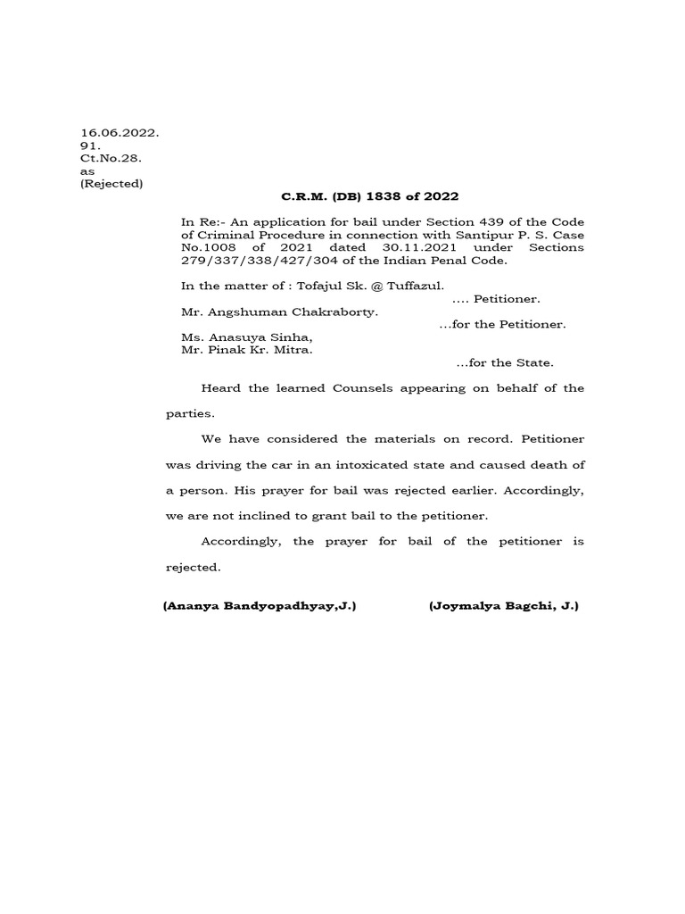 Bail Rejection in Intoxicated Driving Case | PDF