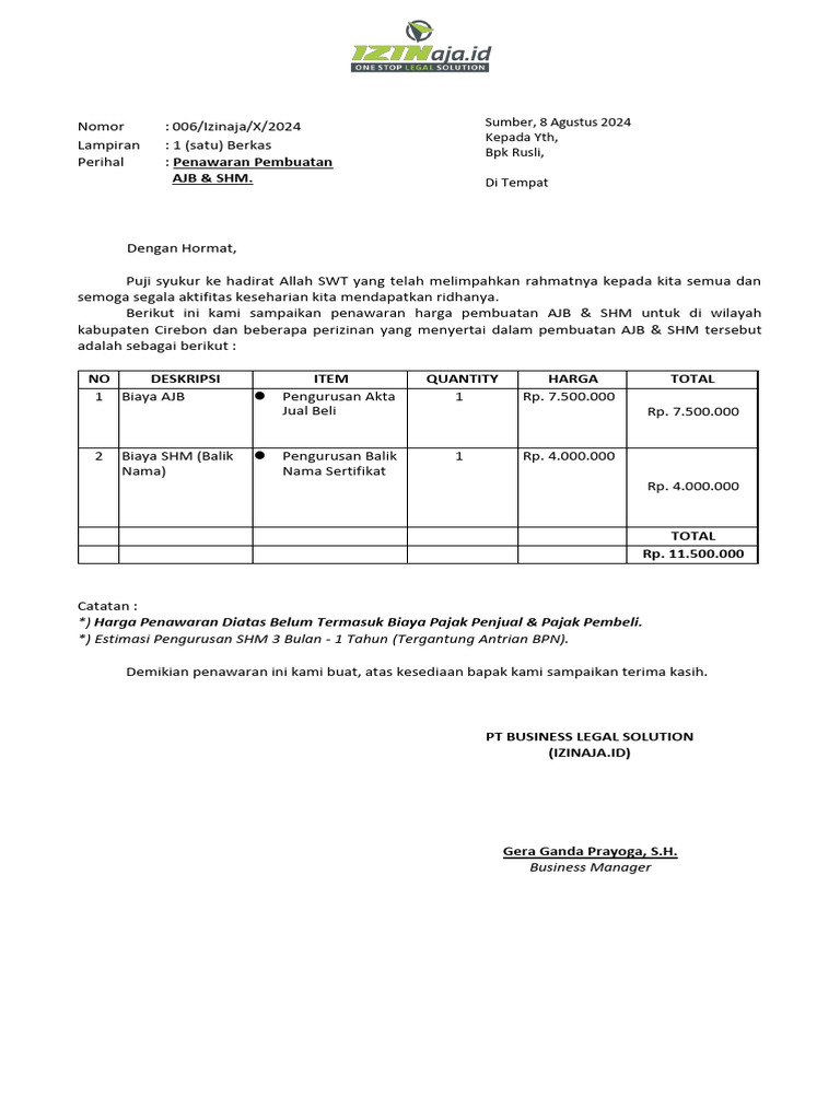SURAT PENAWARAN SHM MARIKANGEN | PDF