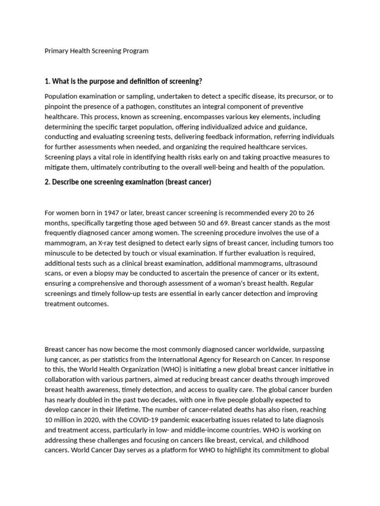 Primary Health Screening Program | PDF | Cancer | Screening (Medicine)