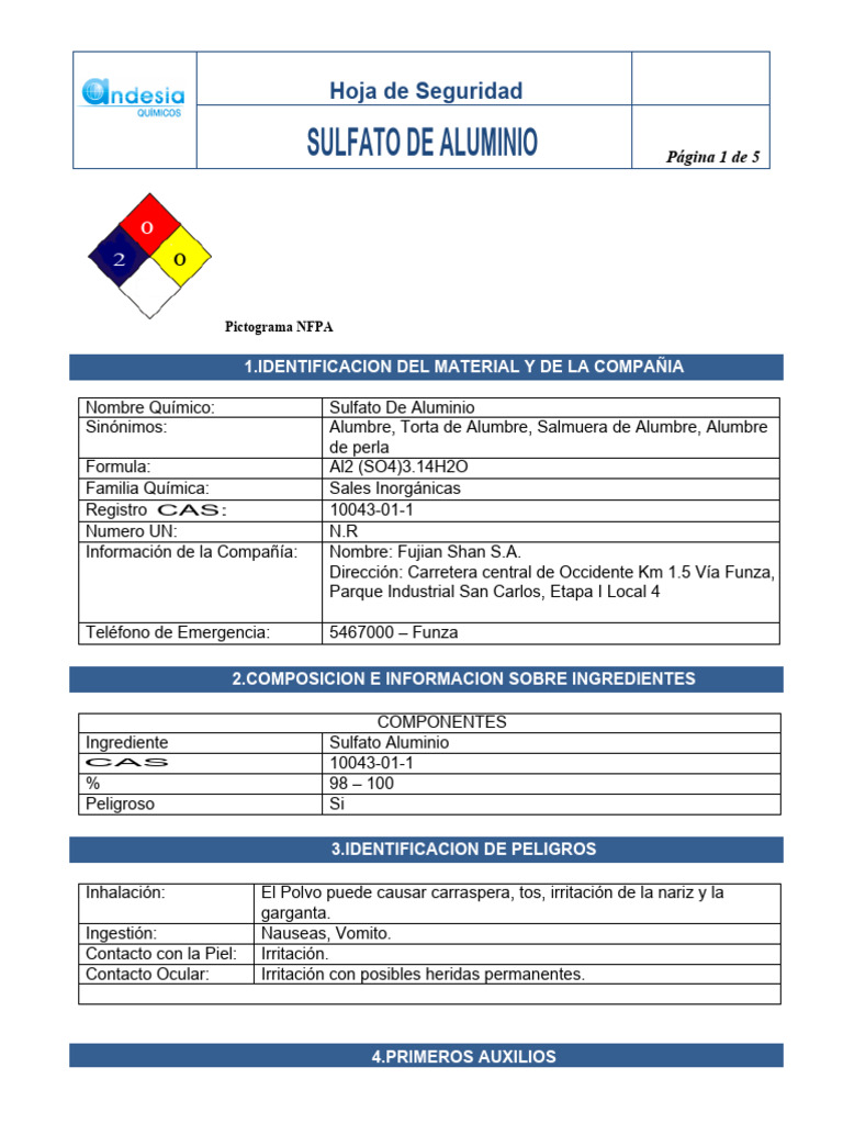 Hoja de Seguridad del Sulfato de Aluminio | PDF | Combustión | Agua