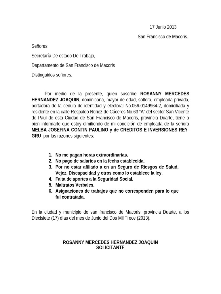 Carta de Dimision A La Secretaria de Trabajo | PDF