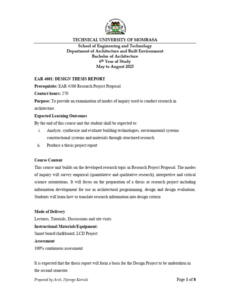 EAR 4601 Draft Design Thesis Brief - 2025 | PDF | Thesis | Methodology