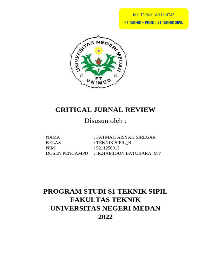 CJR Teknik Lalu Lintas - Fatmah Aisyah Siregar - 5211250013 | PDF