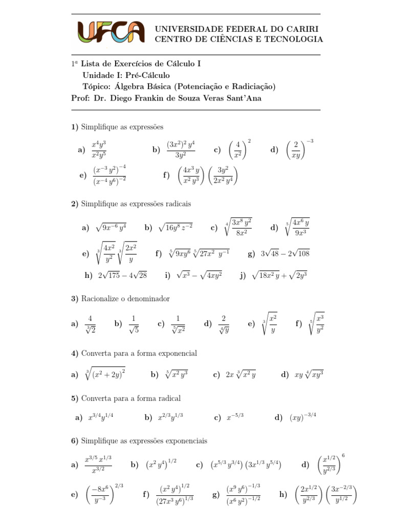 Exercícios de Cálculo I: Álgebra Básica | PDF