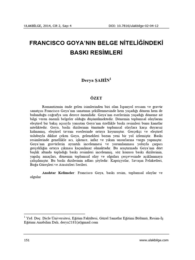 FRANCISCO GOYA’NIN BELGE NİTELİĞİNDEKİ BASKI RESİMLERİ DERYA ŞAHİN ULAKBİLGE CİLT 2 SAYI 4 | PDF