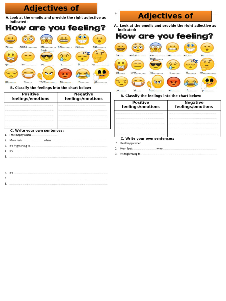 adjecives ..feelings emotions emojis | PDF | Syntax | Linguistics