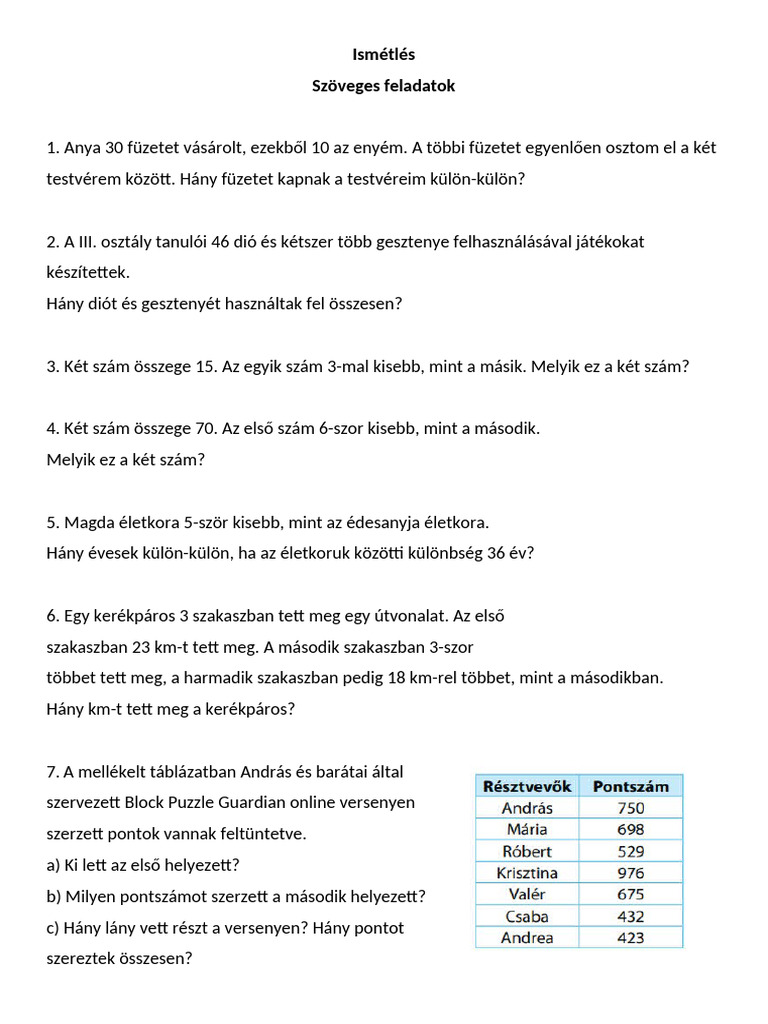 Ismétlés szöveges feladatok | PDF