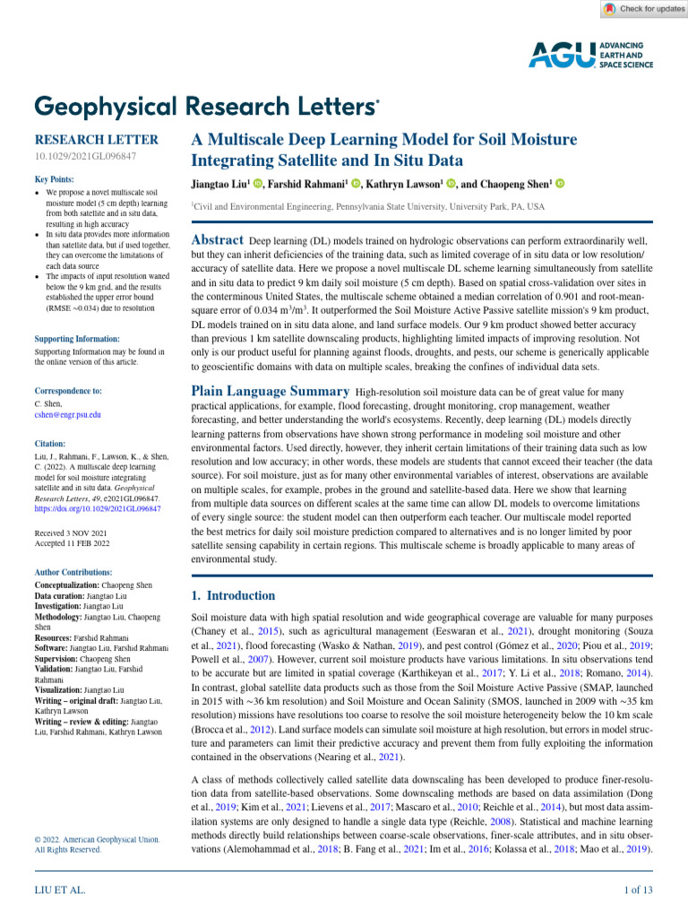 Geophysical Research Letters - 2022 - Liu - A Multiscale Deep Learning Model For Soil Moisture ...