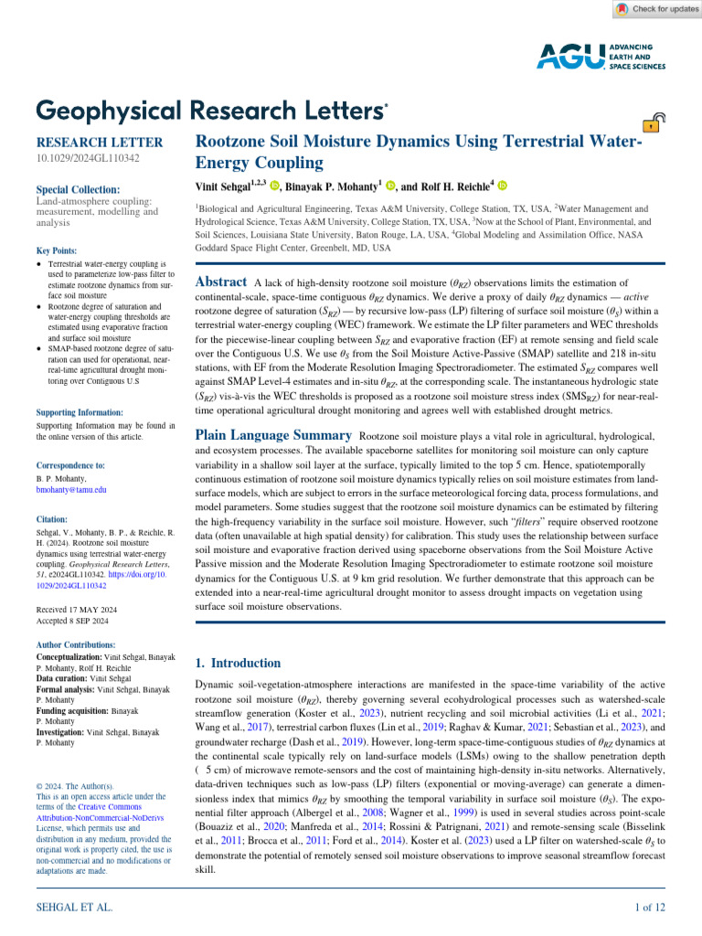 Geophysical Research Letters - 2024 - Sehgal - Rootzone Soil Moisture ...