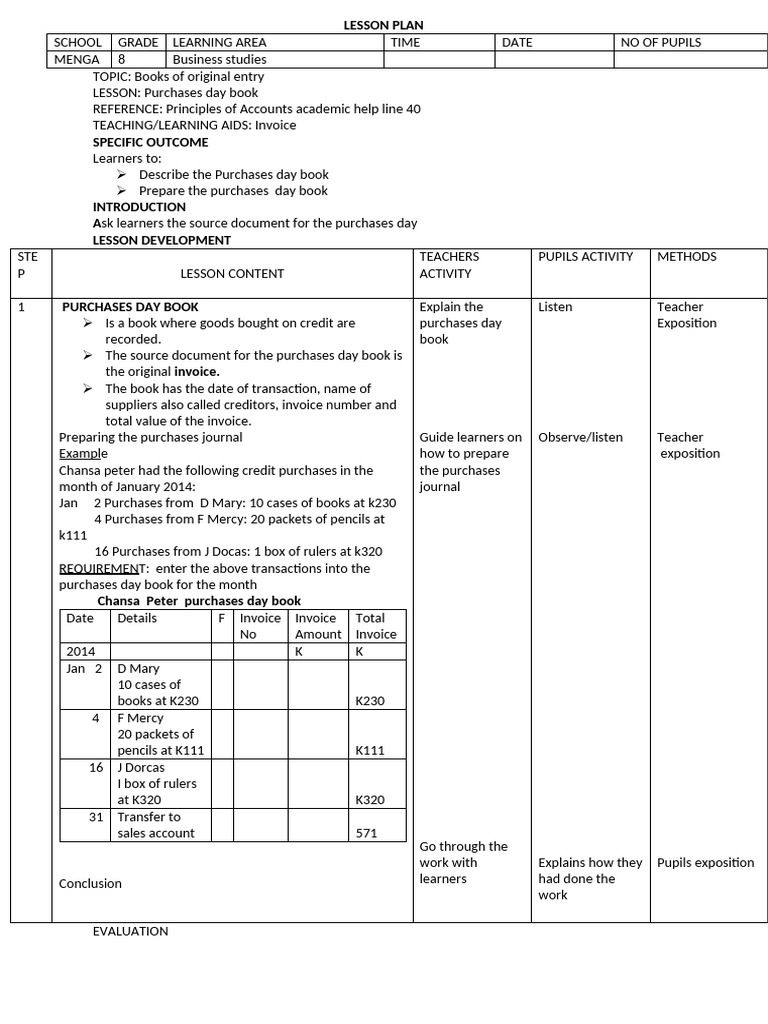 Purchases Day Book Lesson Plan | PDF | Invoice | Lesson Plan