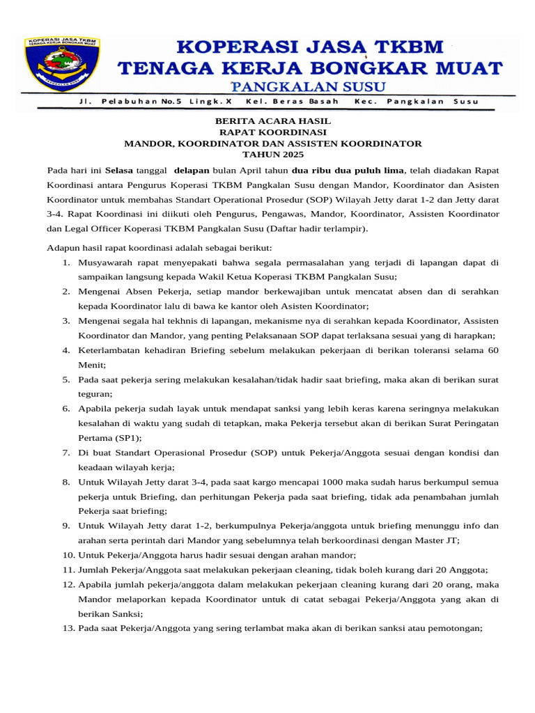 Berita Acara Rapat Koordinasi Mandor, Koordinator, Ass. Koordinator | PDF
