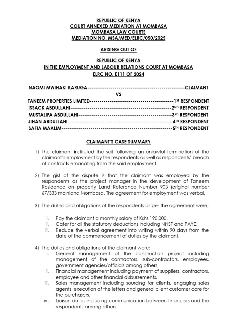 Claimant's Case Summary Med 050.2025 Naomi Karuga Vs Taneem Properties LTD | PDF | Employment ...