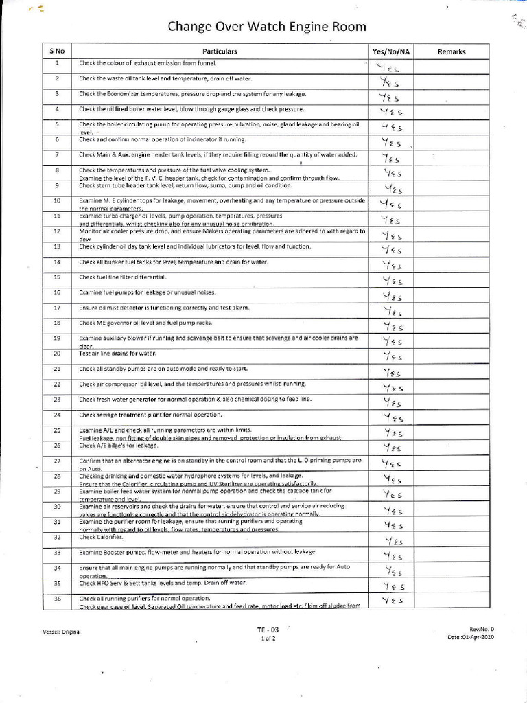 Engine Room Changeover Checklist | PDF
