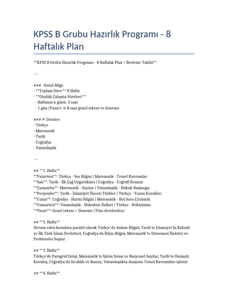 KPSS B 8 Haftalik Program | PDF