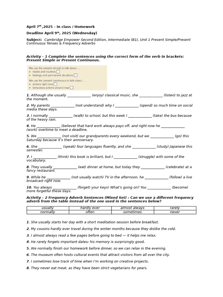 Unit 1 Present SimplePresent Continuous Tenses & Frequency Adverbs ...