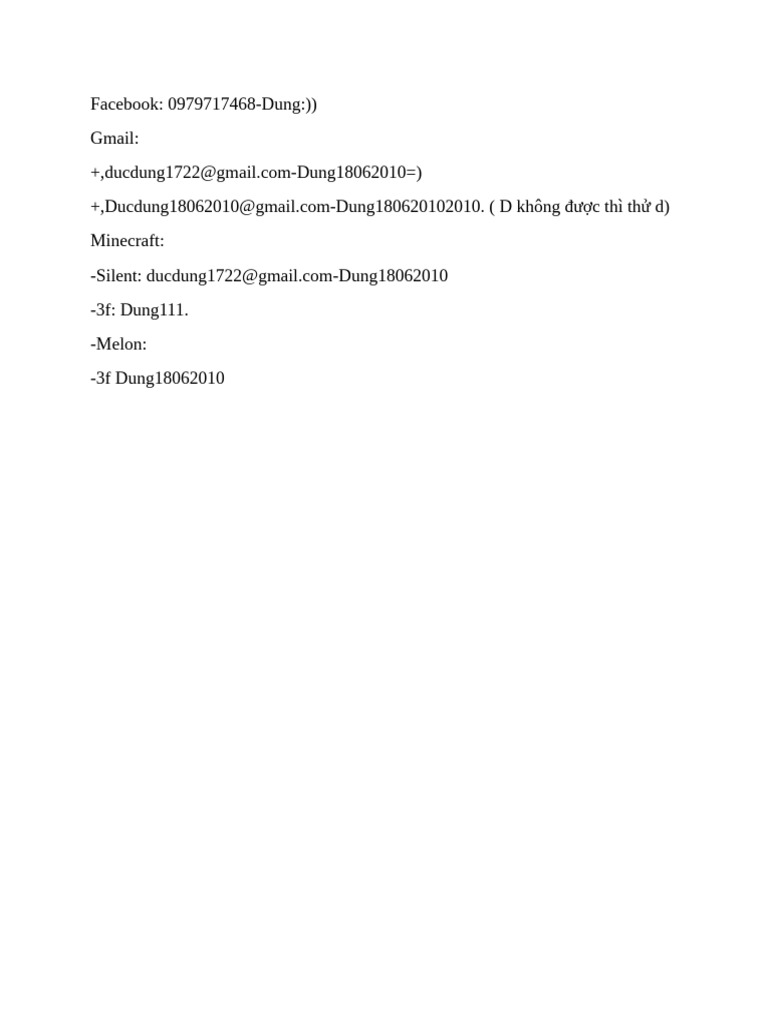 Facebook: 0979717468-Dung:) ) Gmail: Minecraft: - 3f: Dung111. - Melon ...