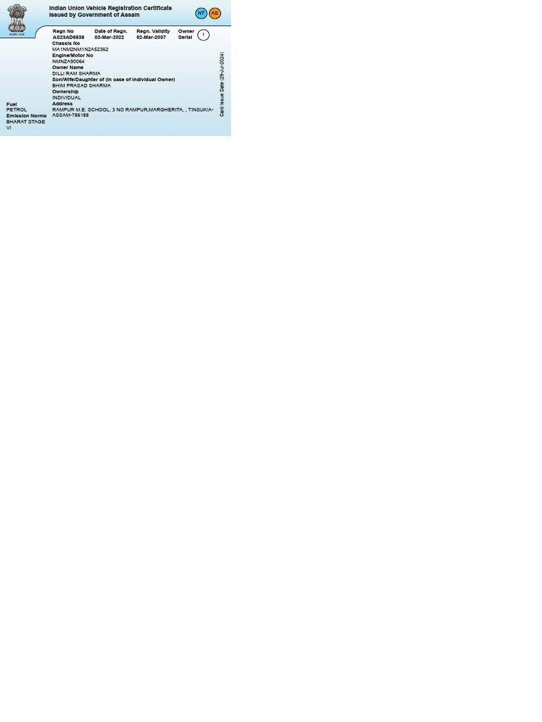 Assam Vehicle Registration Certificate | PDF