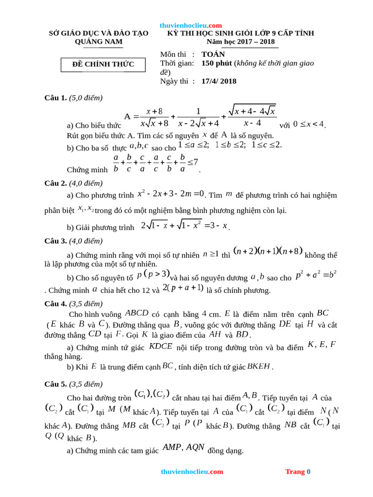 Thuvienhoclieu.com de Thi HSG Toan 9 Quang Nam 2017 2018 | PDF