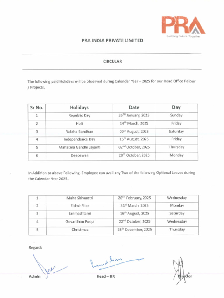 Holiday Calendar | PDF