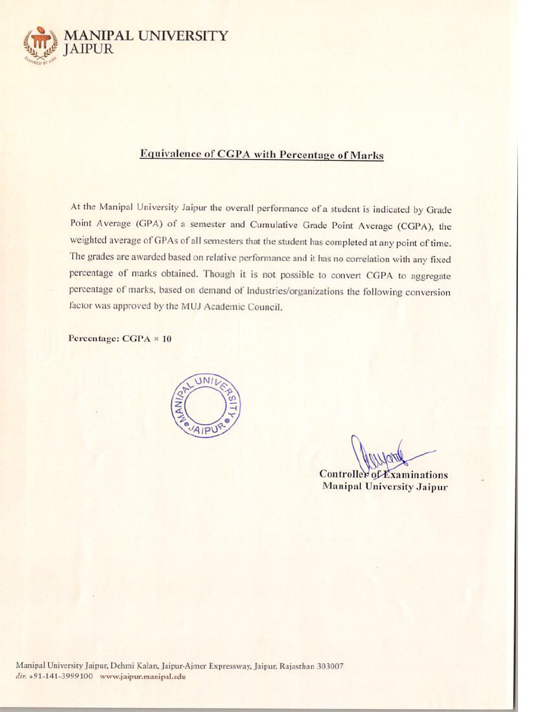 Equivalence Certificate of CGPA With Percentage of Marks | PDF